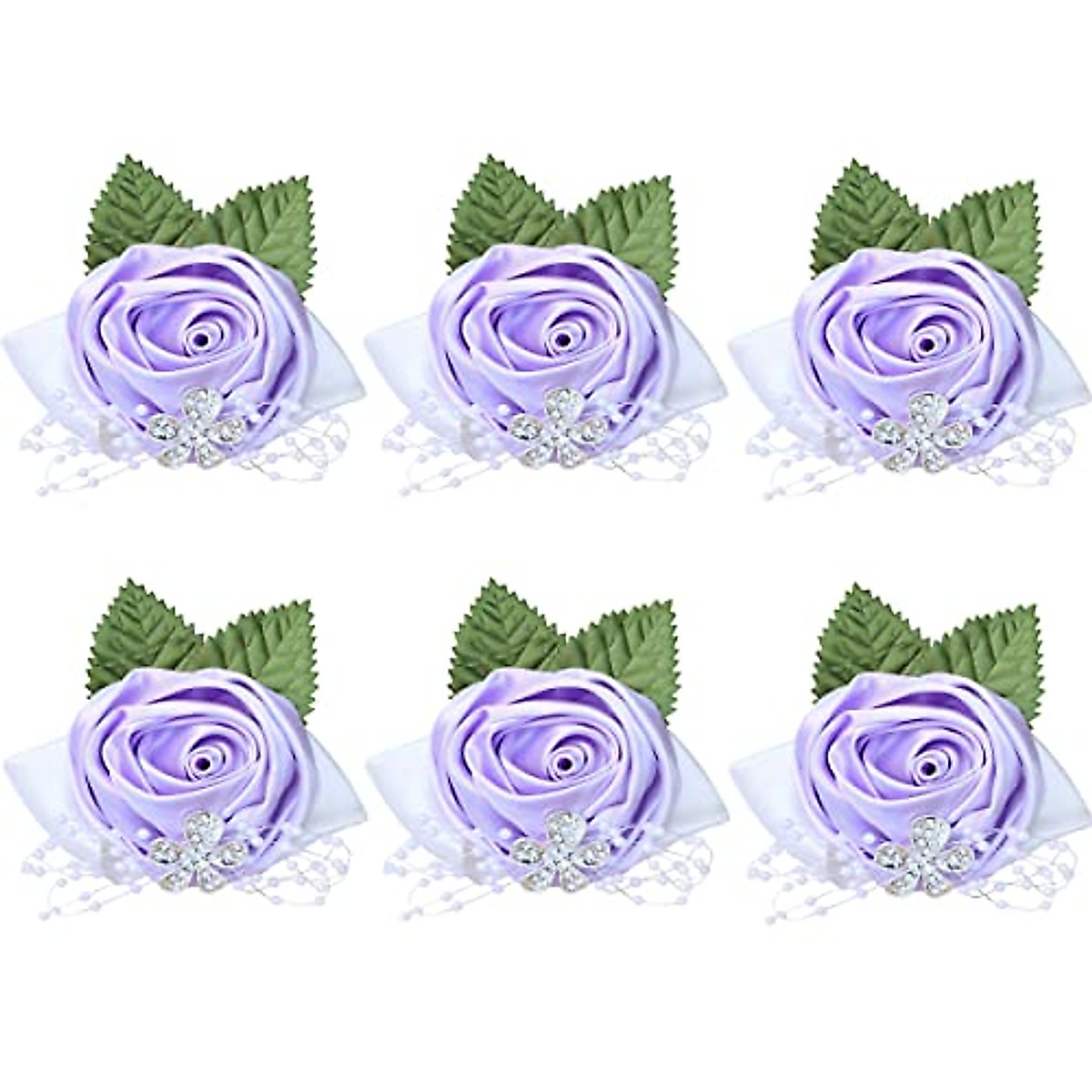 6piece Wrist Corsages Flower with Pearl Beads Diamond Satin Rose Elastic Band Wrist Bracelet Flowers Wedding Party Item (Lilac)