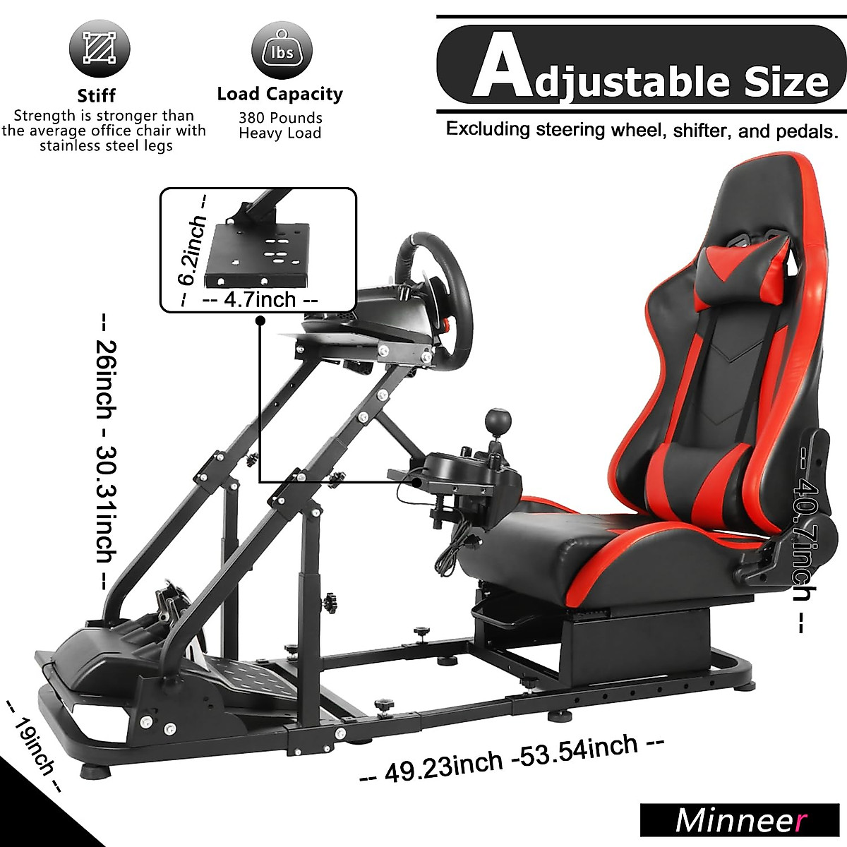 Minneer Immersion Racing Simulator Cockpit/with Red&Black Seat/Fit for Thrustmaster,FANTEC,logitech G25,G29,G92,G923 /Height Adjustable Gaming Steering Wheel Stand/Wheel&Pedals Not Included