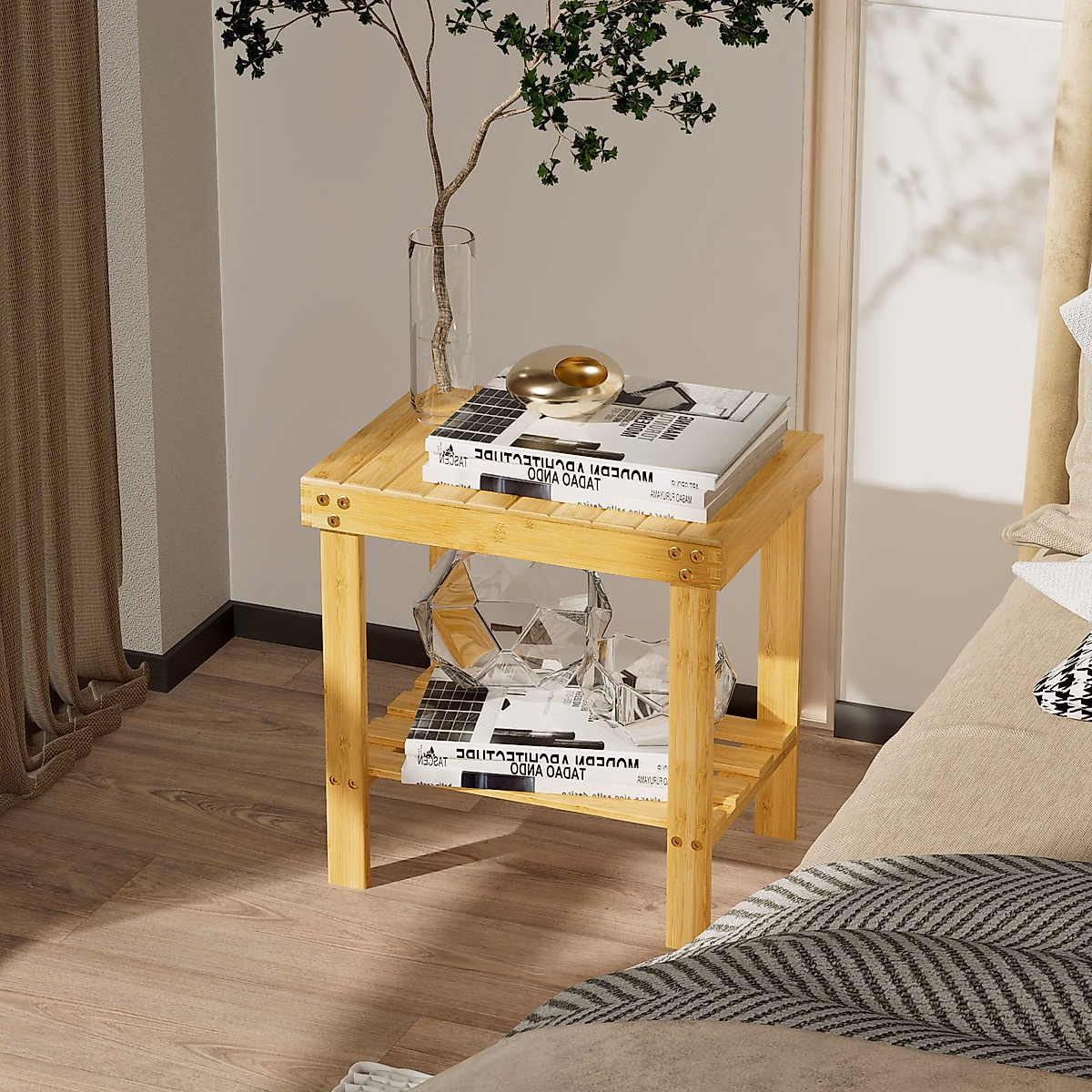 Glavbiku Bamboo Shower Bench, Shower Chair with Non-Slip Feets Storage Shelf Safe and Stable, Kids Adults Wooden Stool for Home, Bathroom, Bedside, Living Room