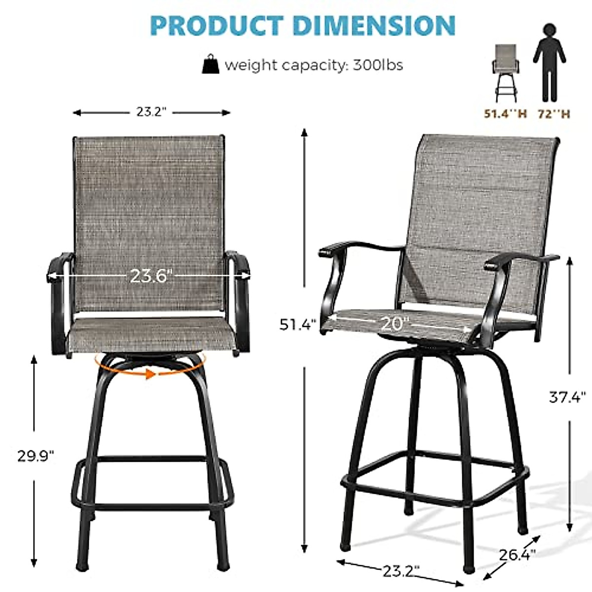 Kerrogee Patio Swivel Bar Stools, All-Weather Adapt Outdoor High Bistro Stools, Garden Furniture Bar Dining Chair, Height Chairs (6)