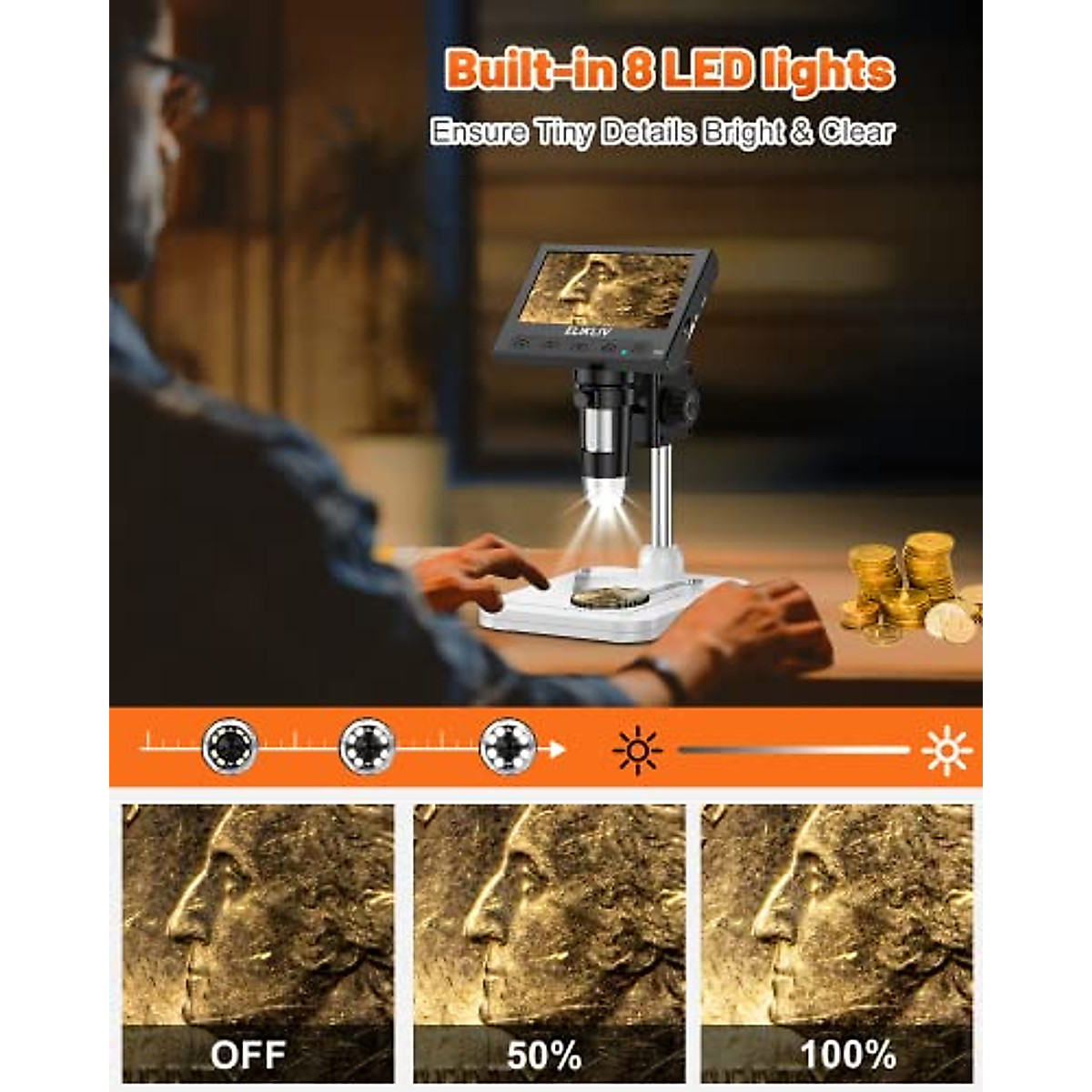 Elikliv EDM4 4.3" Coin Microscope, LCD Digital Microscope 1000x, Coin Magnifier with 8 Adjustable LED Lights, PC View, Windows Compatible