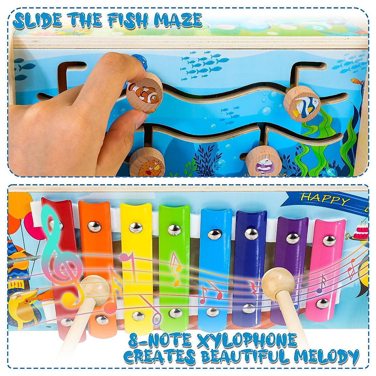 WOODMAM Montessori Toys for 1 Year Old, 7-in-1 Wooden Hammering Pounding Toy with Xylophone and Magnetic Fishing Game, Educational Gift for Boys and Girls 1 Year Old