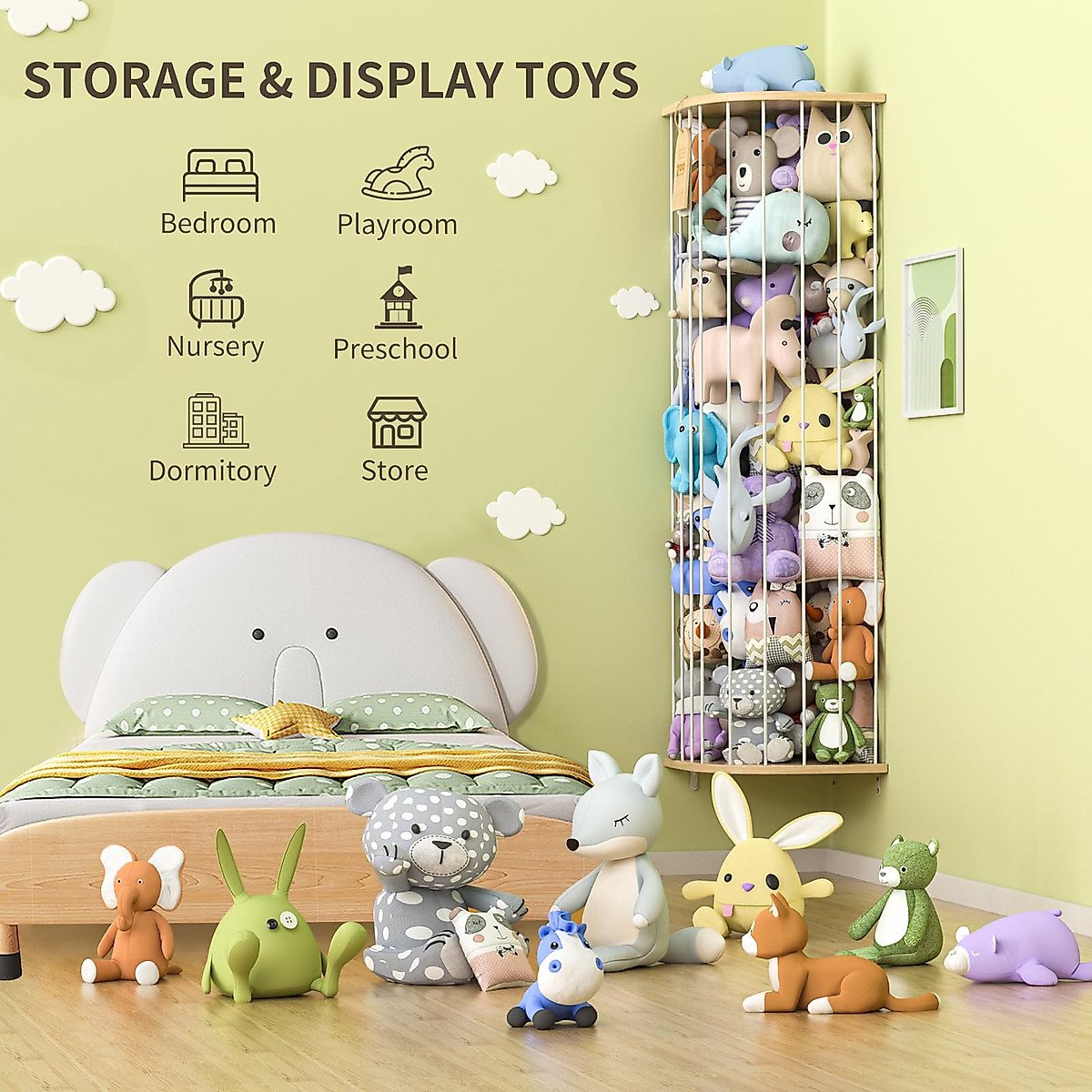 Eniffbaa Stuffed Animal Storage for Plushie Toys - Large Wood Corner Hanging Pet Storage with Sky Pattern, Length Adjustable Toy Organizer Shelf for Nursery Play Room Bedroom Kid Room
