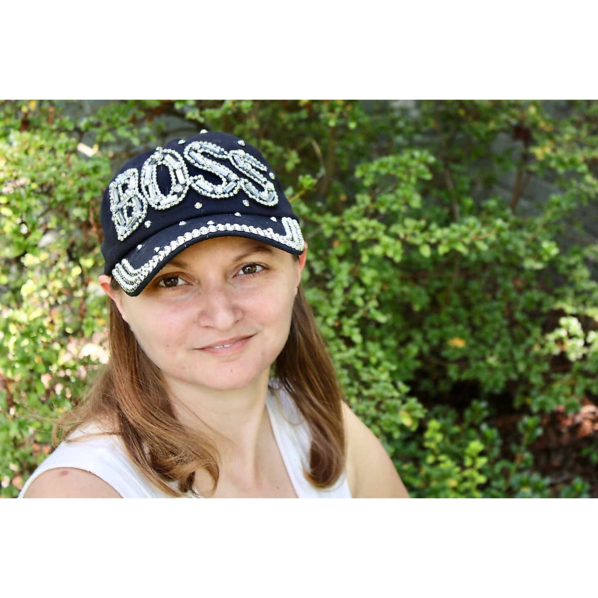 Popfizzy Bling Boss Baseball Cap for Women Rhinestone Hat, Distressed Baseball Caps, Denim Ball Caps (Boss (Black))