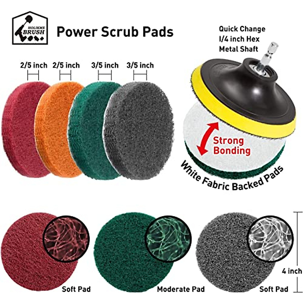 Holikme 38Piece Drill Brush Attachments Set, Scrub Pads & Sponge, Buffing Pads,Car Polishing Pad Kit，Power Scrubber Brush with Extend Long Attachment