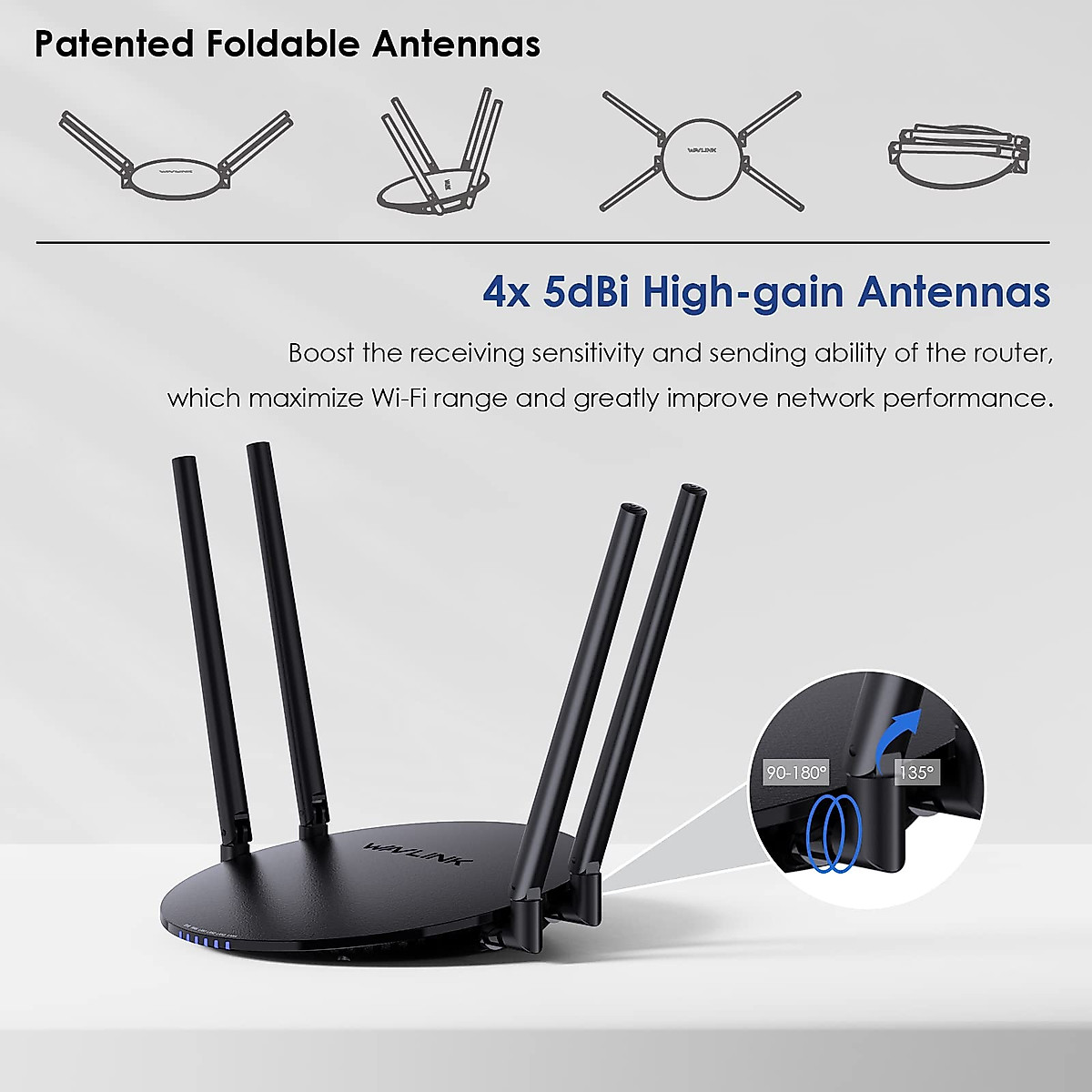 WAVLINK AC1200 WiFi Router Wireless Internet Router for Home, Dual Band Router 2.4GHz and 5GHz with 1000Mbps WAN/LAN Gigabit Ethernet Port, 4 x 5dBi Foldable Antennas, Supports Router Repeater AP Mode