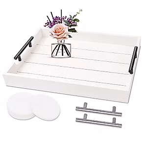 SXNOWS White Wooden Coffee Table Tray - Large Ottoman Tray for Living Room - White Wooden Serving Tray with Handles(2 Sets) - Wooden Serving Tray for Ottoman, 4 Round Coasters Included
