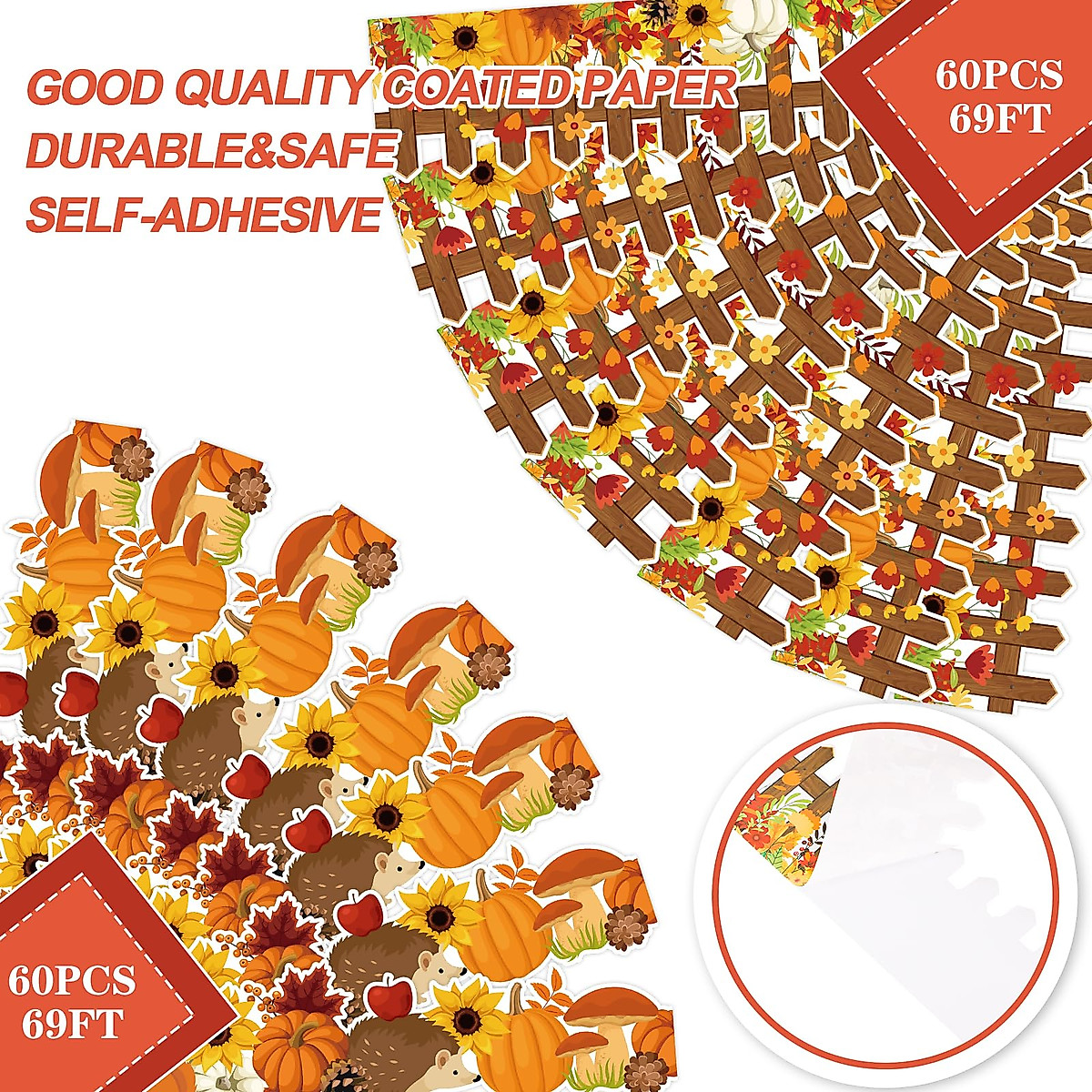 Whaline 69FT Fall Bulletin Board Borders Autumn Fence Flower Border Trim Self-Adhesive Pumpkin Fall Leaves Squirrel Hedgehog Board Decal Stickers for School Classroom Wall Thanksgiving Decor