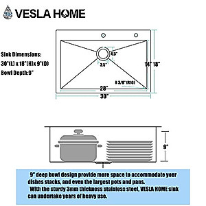 VESLA HOME 30 inch Drop in Kitchen Sink, Topmount Single Bowl Stainless Steel Handmade RV Kitchen Sinks with Dish Grid and Drain Cap