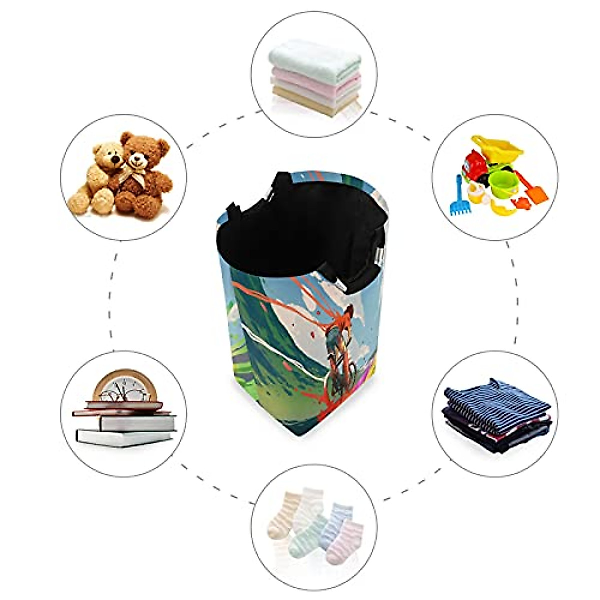 xigua Young Man Riding Bicycle With Colorful Energy Large Laundry Basket, Collapsible Clothes Hamper with Handles Tall Foldable Clothes Bag for Family Bedroom Bathroom Student Dormitory, 12.6 x 11 x 2