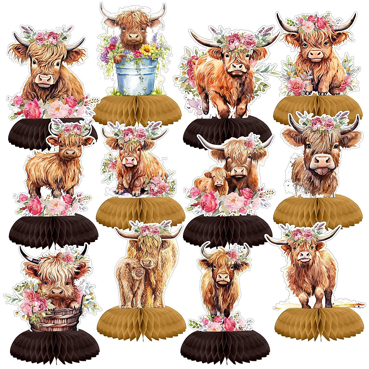 Shappy 12 Pcs Highland Cow Honeycomb Centerpieces Highland Cow Party Centerpieces Highland Cattle Table Decorations for Highland Cow Baby Shower Birthday Party Supplies(Classical)