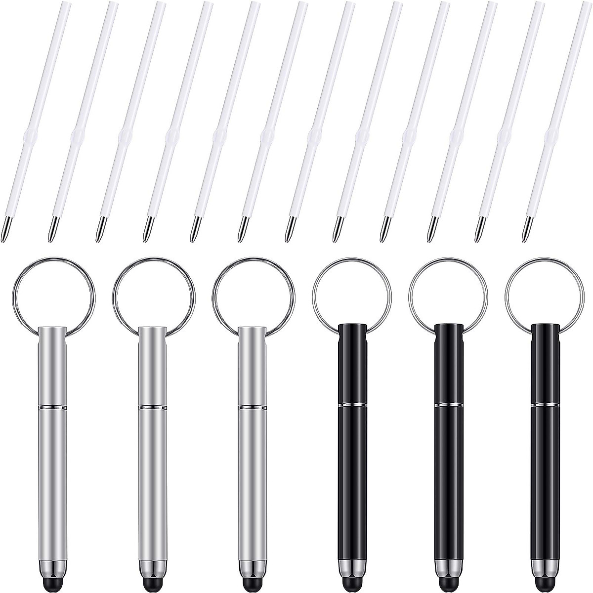 6 Pieces Mini Stylus Pen with Keyring Loop Bullet Capacitive Stylus Pen Keychain Stylus Tablet Pen and 12 Pieces 1.0 mm Black Refills with Bullet-Shaped for Signature Portable Touch Screen