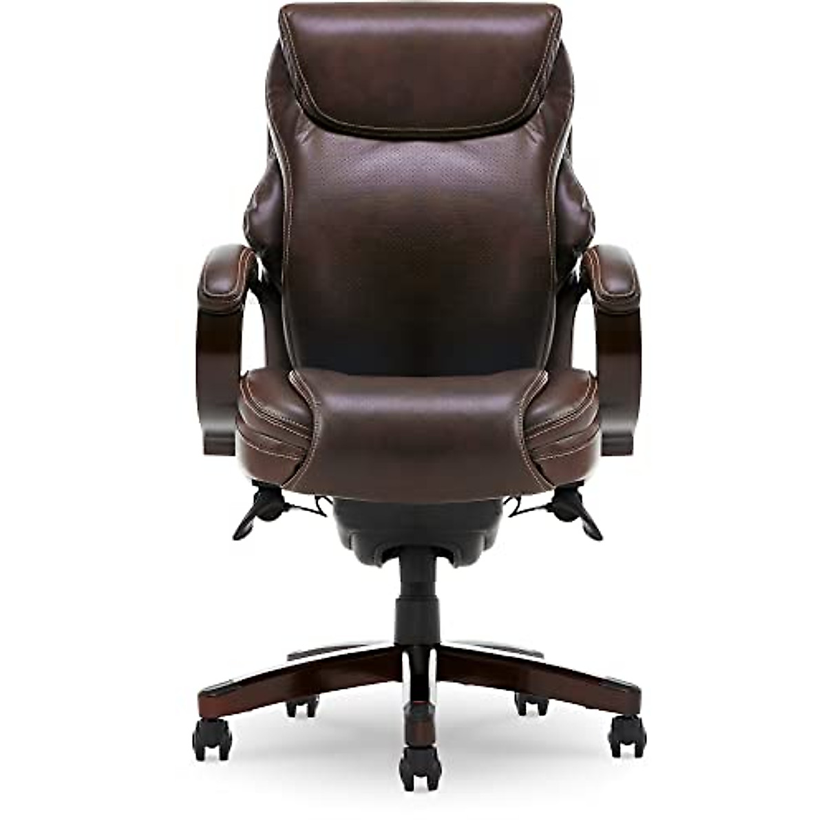La-Z-Boy Hyland Executive Office Chair with AIR Technology, Adjustable High Back Ergonomic Lumbar Support, Mahogany Wood Finish, Bonded Leather, Brown