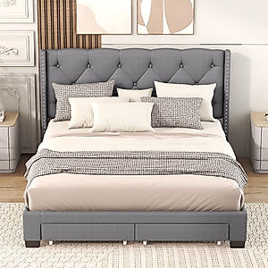 DNYN Upholstered Queen Size Platform Bed with Storage for Kids,Adults Bedroom,Linen Fabric Bedframe w/Two Drawers & Tufted Nailed Headboard,No Box Spring Needed & Space Saving Design, Gray