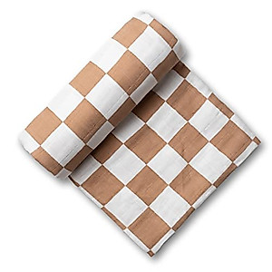 Miaoberry 100% Organic Muslin Swaddle Set| Checkered in Coffee Latte with Matching Hat/Headband