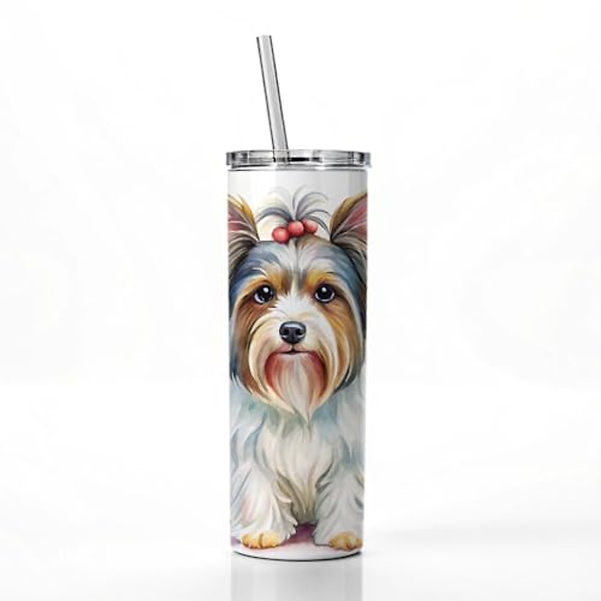 Biewer Terrier Dog Watercolor Style Skinny Tumbler 20oz with Straw Insulated Water Bottle Gift