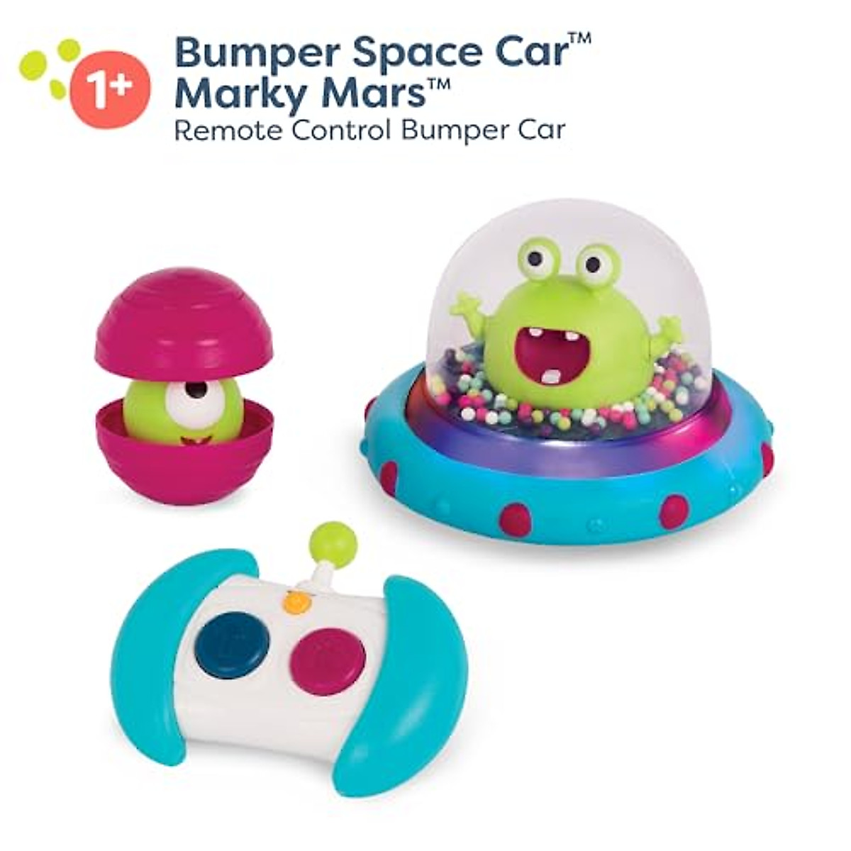 B. toys- Vehicle Bumper Space Car-Light-Up- Simple Remote Control Car for Toddlers with Alien Driver- Marky Mars- 12 months +