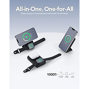 GOWATT All-in-one 10000mAh MagSafe Compatible Battery Pack, Fast Charging, Portable Power Bank with Foldable Stand, Magnetic Power Bank, Compatible with iPhone 15/14/13/12, Apple Watch and AirPods