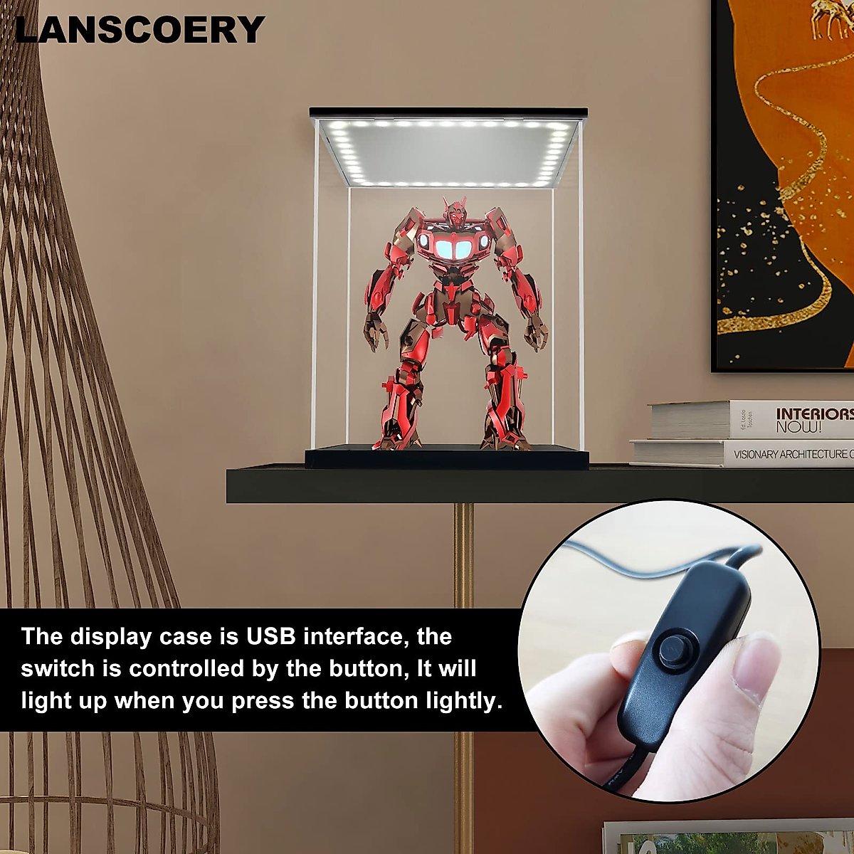 LANSCOERY Clear Acrylic Display Case with LED Light, Large Showcase and Display Box, Dustproof with UV Protection, Perfect for Figures Collectibles - 11.8x11.8x15.7inch
