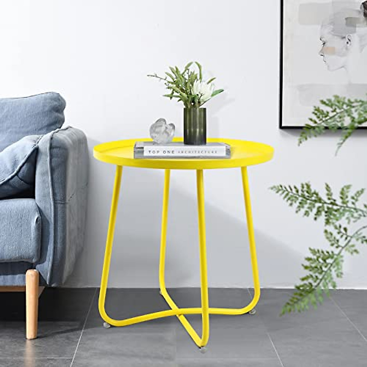 ECOMEX Patio Side Table, Round Outdoor Metal Side Table Small Sofa End Table, Patio Waterproof Accent Coffee Table for Living Room Bedroom Garden Balcony Patio(Yellow)