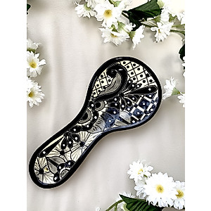 Ceramic Spoon Rest - Hand Painted Talavera - Mexican Style - Black and White Home Decor - Cuchara Floral Blanco/Negro