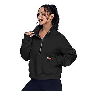 AUTOMET Womens Sweatshirts Half Zip Pullover Cropped Fleece Quarter Zipper Hoodies 2023 Fall Fashion Outfits Clothes Sweater Thumb Hole Black