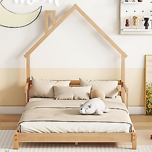 Full Size Bed Frame for Kids,House-Shaped Headboard Kids Bed,Girls Bed with Handrails,Low Platform Bed for Boys Girls,No Box Spring Needed(Natural)