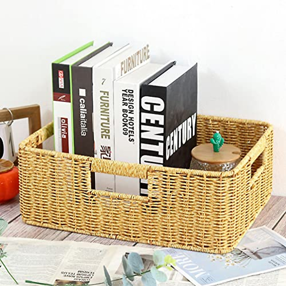 OUNONA Wicker Baskets for Shelves Toilet Paper Basket Rectangular Rattan Baskets with Built-in Handles Hand-woven Water Hyacinth Storage Baskets - Khaki