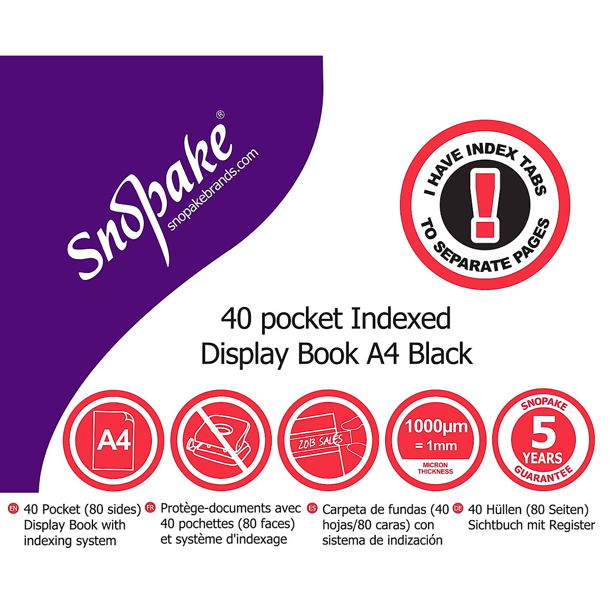 Snopake A4 Indexed Display Book with 40 Pocket - Black
