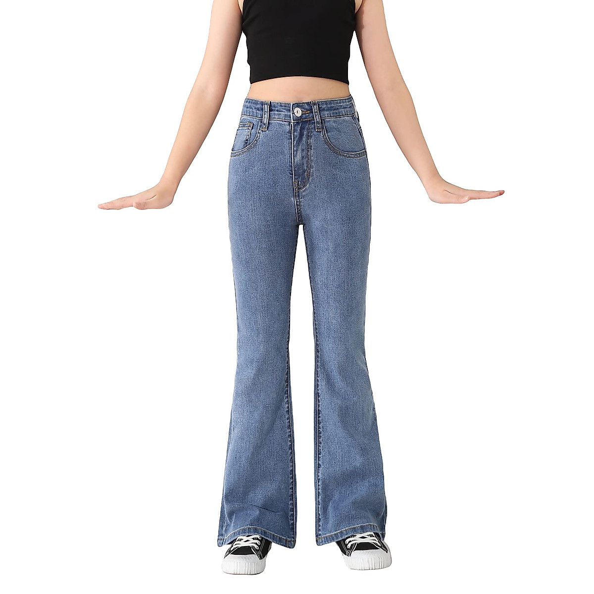 Floerns Girls Casual Denim Pants High Waist Flare Leg Jeans with Pocket Medium Blue 11-12Y