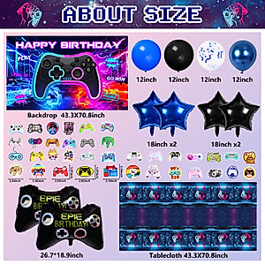 MOMOHOO Video Game Birthday Party Decorations Supplies - 151PCS Gamer Birthday Decorations for Boys Including Happy Birthday Backdrop, Tablecloth, Balloons, Foil Balloons, Stickers