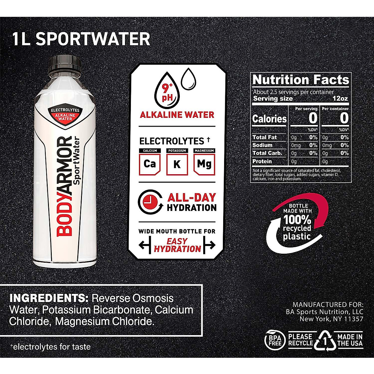 BODYARMOR SportWater Alkaline Water, Superior Hydration, High Alkaline Water pH 9+, Electrolytes, Perfect for your Active Lifestyle, 1 Liter (Pack of 6)