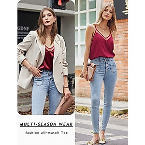 Ekouaer Satin Mesh V Neck Tank Top Women Cami Top Silk Camisole Blouse Red