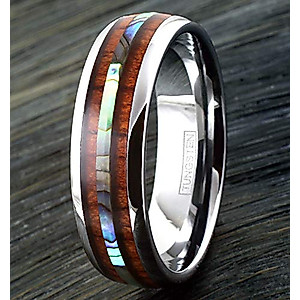 King's Cross Personalized Engraved Elegant 6mm/8mm Silver Tungsten Wedding Band w/Beautiful Koa Wood & Abalone Inlays (tungsten (8mm), 12.5)