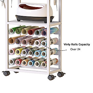 RJOKMT Rolling Craft Storage Cart with Crafting Table Organization Workstation - Compact Removable Design, Craft Storage and Organization Solution with 24 Vinyl Roll Holders (White, 29.3" H)