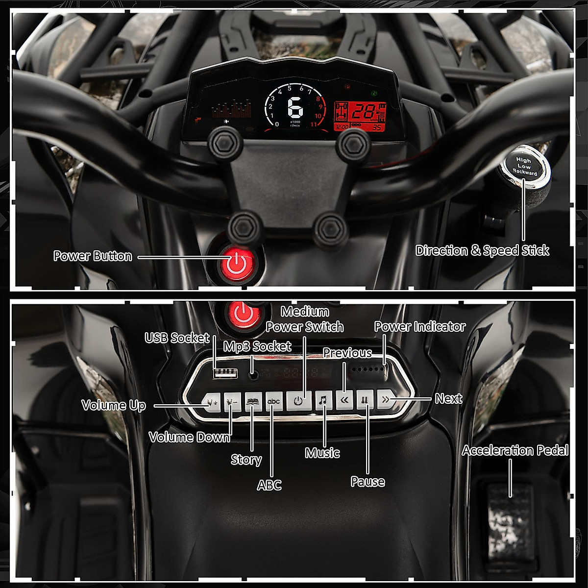 Costzon Kids ATV, 12V Battery Powered Electric Vehicle w/Music, Headlights, MP3, Spring Suspension, High & Low Speed, Treaded Tires, Storage Basket, Ride on 4 Wheeler Quad for 3-8 Years Old (Black)