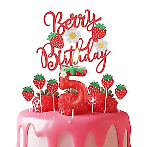 iNINGER Strawberry 5th Birthday Candle,Strawberry Number Happy Birthday Cake Topper Glitter Strawberry Cake Pick for Fruit Theme Baby Shower Kids Birthday Party Strawberry Cake Decorations Supplies