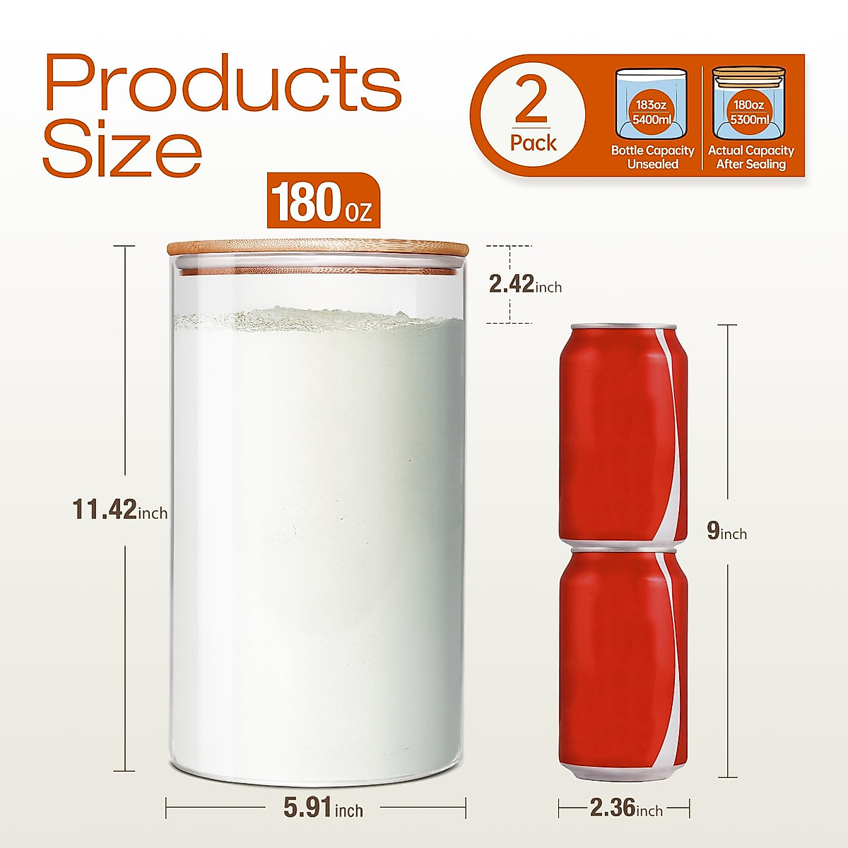 HomArtist Large Glass Flour and Sugar Containers 180oz x2 [Set of 2], Glass Food Storage Containers with Bamboo Lids, Glass Jar with Airtight Lids for Spaghetti Pasta,Rice,Cereal,Candy,Coffee, Oat