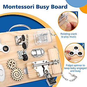 Pithfor Wooden Montessori Toys Busy Board for 1 2 3 4 Year Old, Baby Toddler Sensory Toys, for Fine Motor Skills, for Autism ADHD