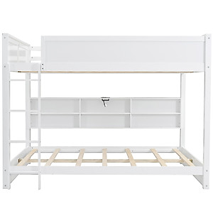 XD Designs Wood Bunk Bed Queen Over Queen Size with Built-in Storage Cabinets and USB Ports, Versatile Bunk Bed Frame with Ladder and Guardrail for Kids Teens Adult, Maximize Space (White-9.30)