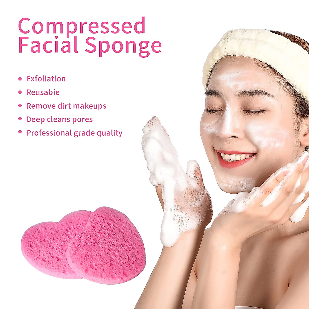Facial Sponges Compressed Natural Cellulose Sponge Spunspon Round/Heart Shape Face Sponge for Face Cleansing Exfoliating and Makeup Removal 100 Count / 2 - Pack, Pink
