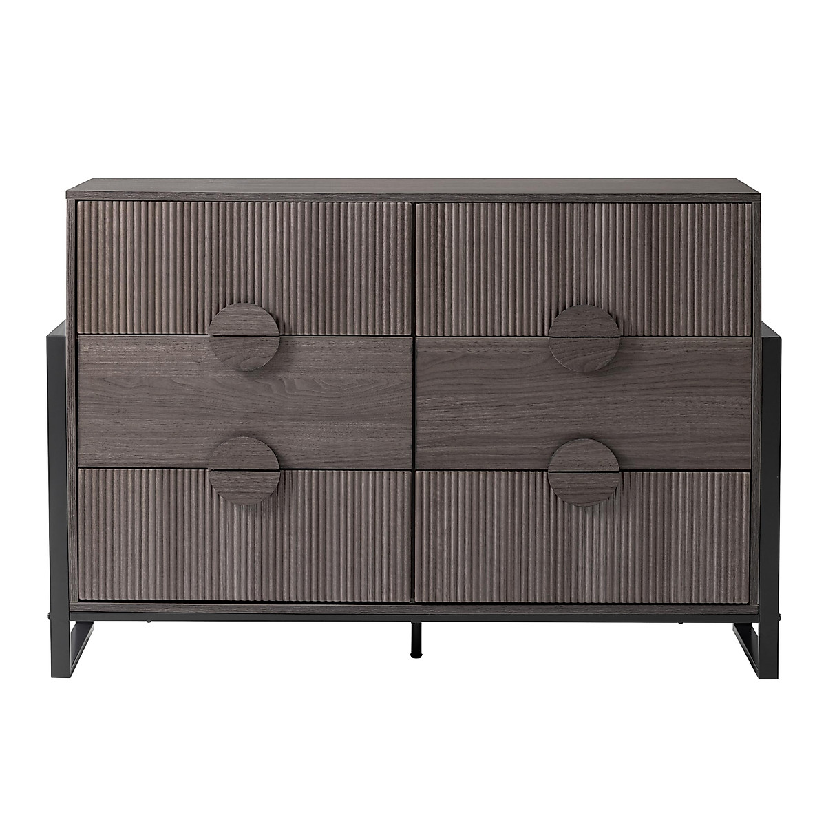 Aoikax Modern Fluted 6-Drawer Dresser, Farmhouse Wooden Chest of Drawers with Round Handles, Accent Storage Dresser for Living Room, Bedroom, Grey Wash