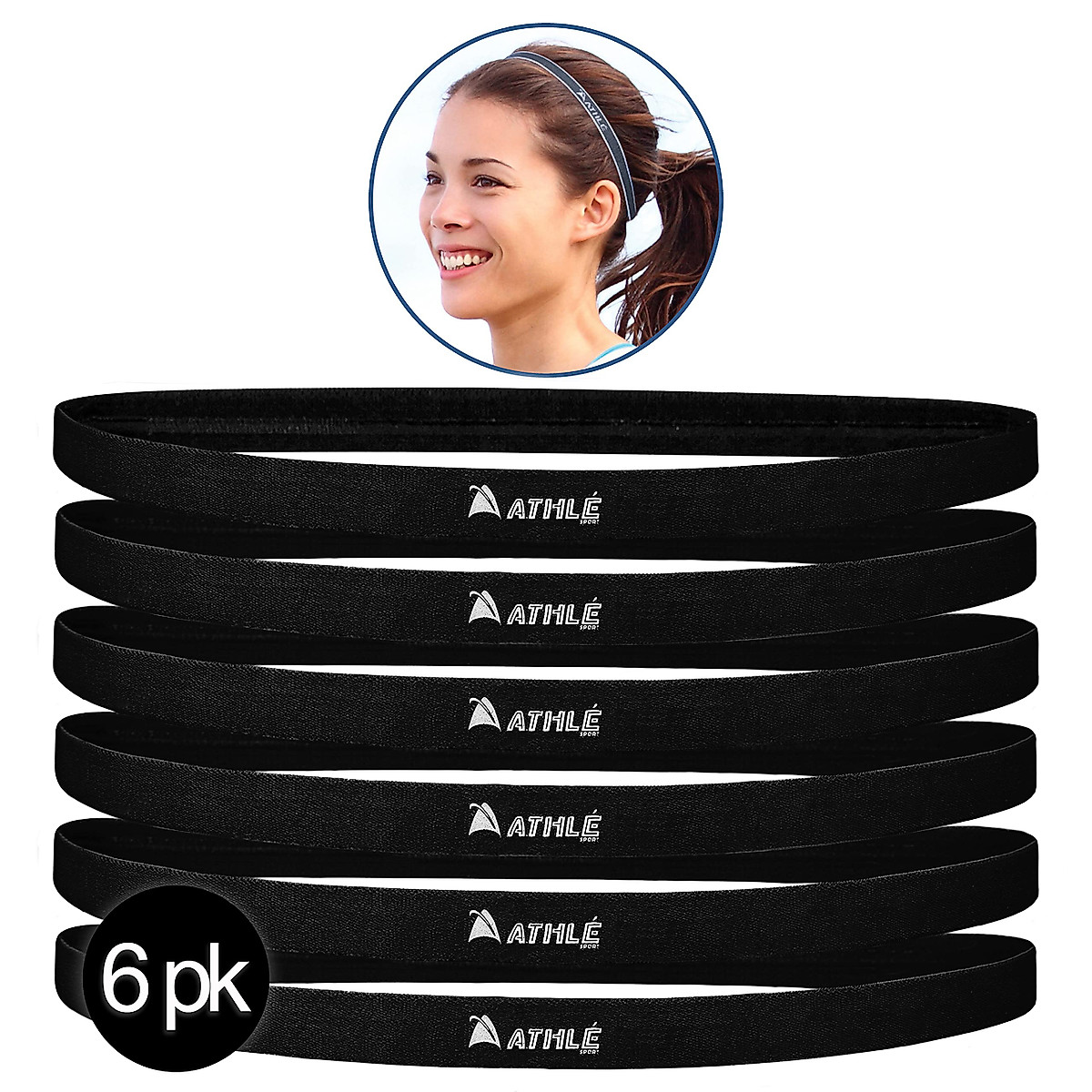 Athlé Skinny Headbands for Women and Men - 6 Pack - Elastic Headbands for Women and Men - Non Slip Silicone Grip - Lightweight and Comfortable Thin Headbands - Black