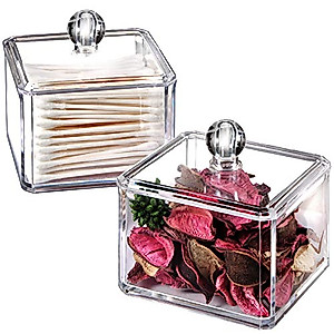 Modern Square Qtip Holder Acrylic Bathroom Vanity Countertop Storage Organizer Canister Jar for Cotton Swabs, Rounds, Balls, Makeup Sponges, Bath Salts - 2 Pack - Clear