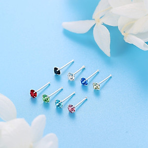 Sllaiss 8Pcs 22G Sterling Silver Nose Rings Studs Pin for Women Men 3MM Mix Color Round Czech Crystal Nose Body Piercing Jewelry