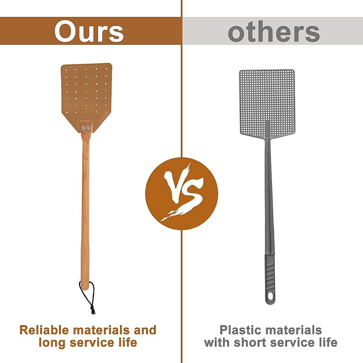 PEUTIER 2pcs Leather Fly Swatter, 19.5 Inch Long Heavy Duty Flyswatter Manual with Wooden Handle Fly Catcher for Indoor Outdoor (Brown)