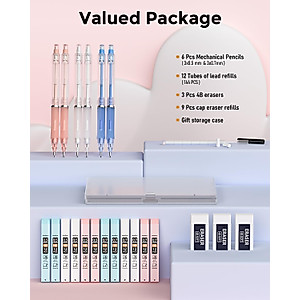 Nicpro 6 PCS Pastel Mechanical Pencil 0.5 & 0.7 mm with Case for School, with 12 tubes HB Lead Refills, 3 Erasers, 9 Eraser Refills For Student Writing, Drawing, Sketching, Blue & Pink & White Colors