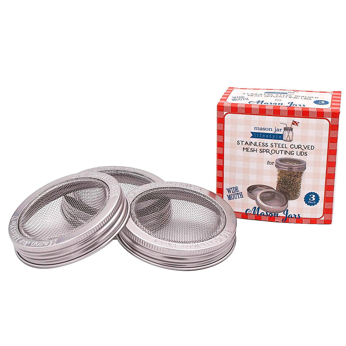 3 Pack Rust Proof Sprouting Lids for Wide Mouth Mason Jars by Mason Jar Lifestyle - Curved For Better Airflow - 316 Stainless Steel - One Piece Design…