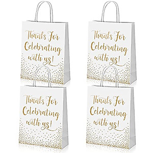 45 Pcs Wedding Welcome Bags for Hotel Guests Gold Foil Wedding Gift Bags with Handles Thanks for Celebrating with Us Paper Bags Medium Size Wedding Bags Bridal Gift Bags Baby Shower Favor(White)