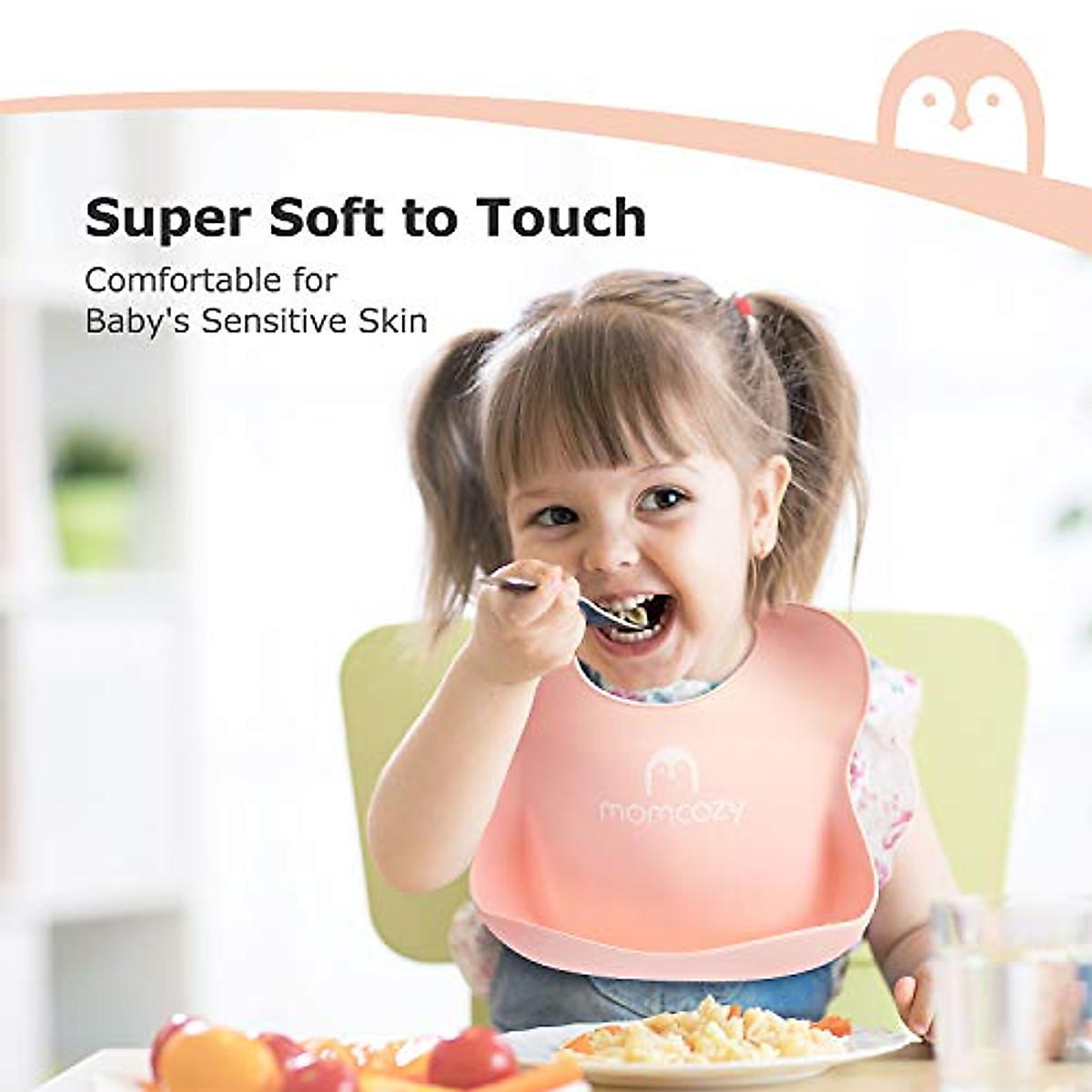 Momcozy Baby Silicone Bibs Easily Clean Set of 3, Soft Adjustable Toddler Silicone Bibs for Babies Girl and Boy, Waterproof, Pinkish Orange, Light Blue and Light Grey